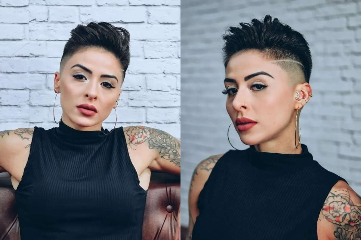 Taglio pixie cut cortissimo, rasato, con ciuffo alto per capelli neri